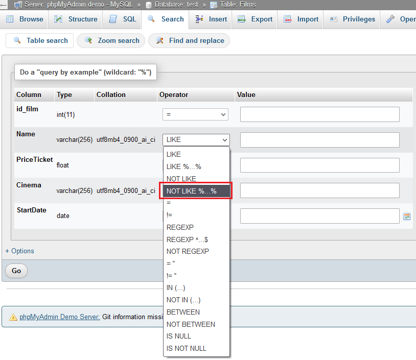 Add NOT LIKE %...% operator to Table search · Issue #16829 · phpmyadmin/phpmyadmin · GitHub
