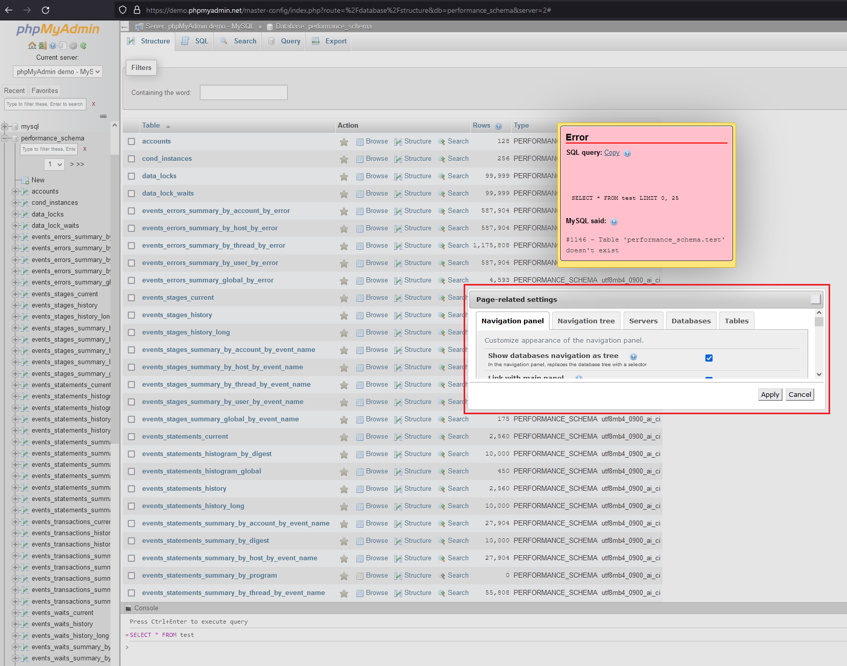 Page-related settings modal is smaller in size on performance_schema table · Issue #17172 ...