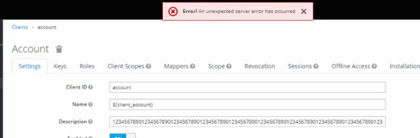 When creating a client with a long description or long name (longer than 255 chars) the API 500s ...