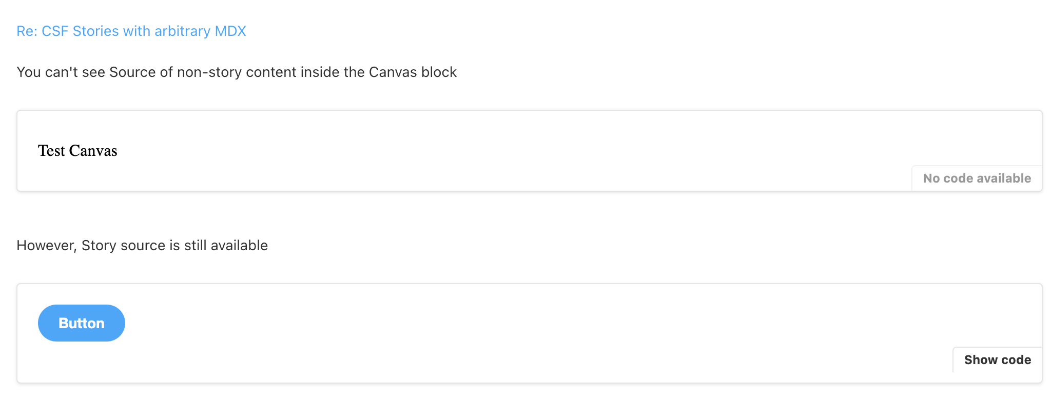 CSF Story with arbitrary MDX docs – no source code in non-story content Canvas · Issue #17020 ...