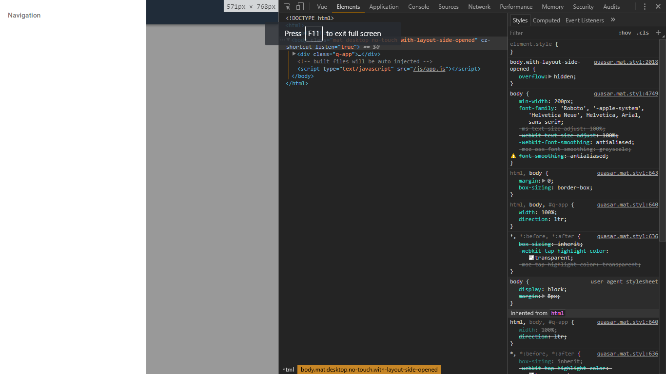 Bug: v0.14 v-model prop on q-layout for the sides prop doesn't show drawer · Issue #729 ...