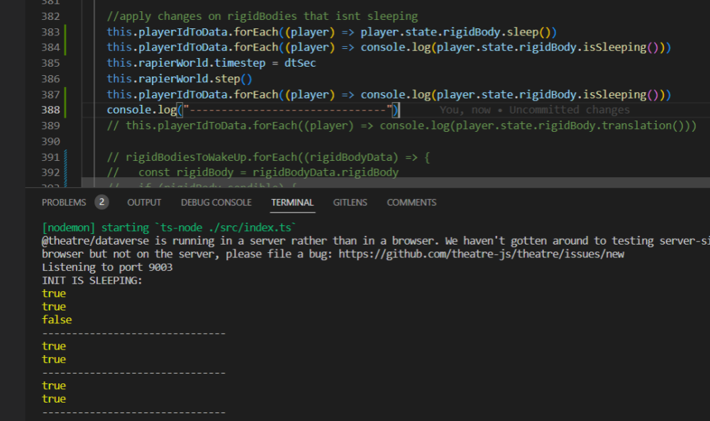 rigidBody.sleep() actually doesnt send dynamic rigidBody to sleep on first world.step() for this ...