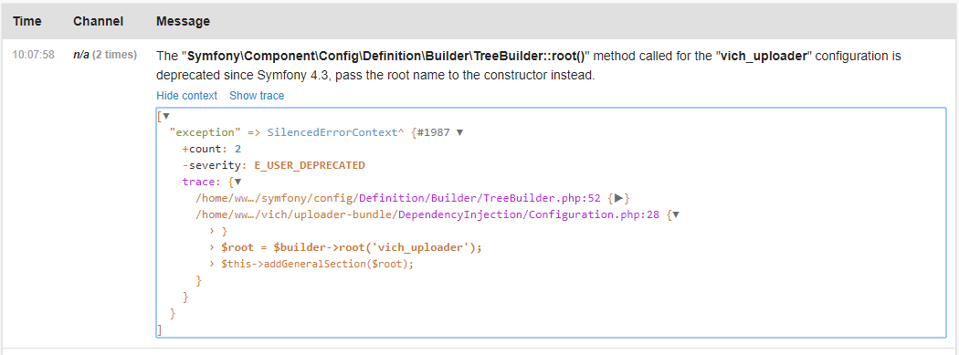 The "Symfony\Component\Config\Definition\Builder\TreeBuilder::root()" method called for the ...