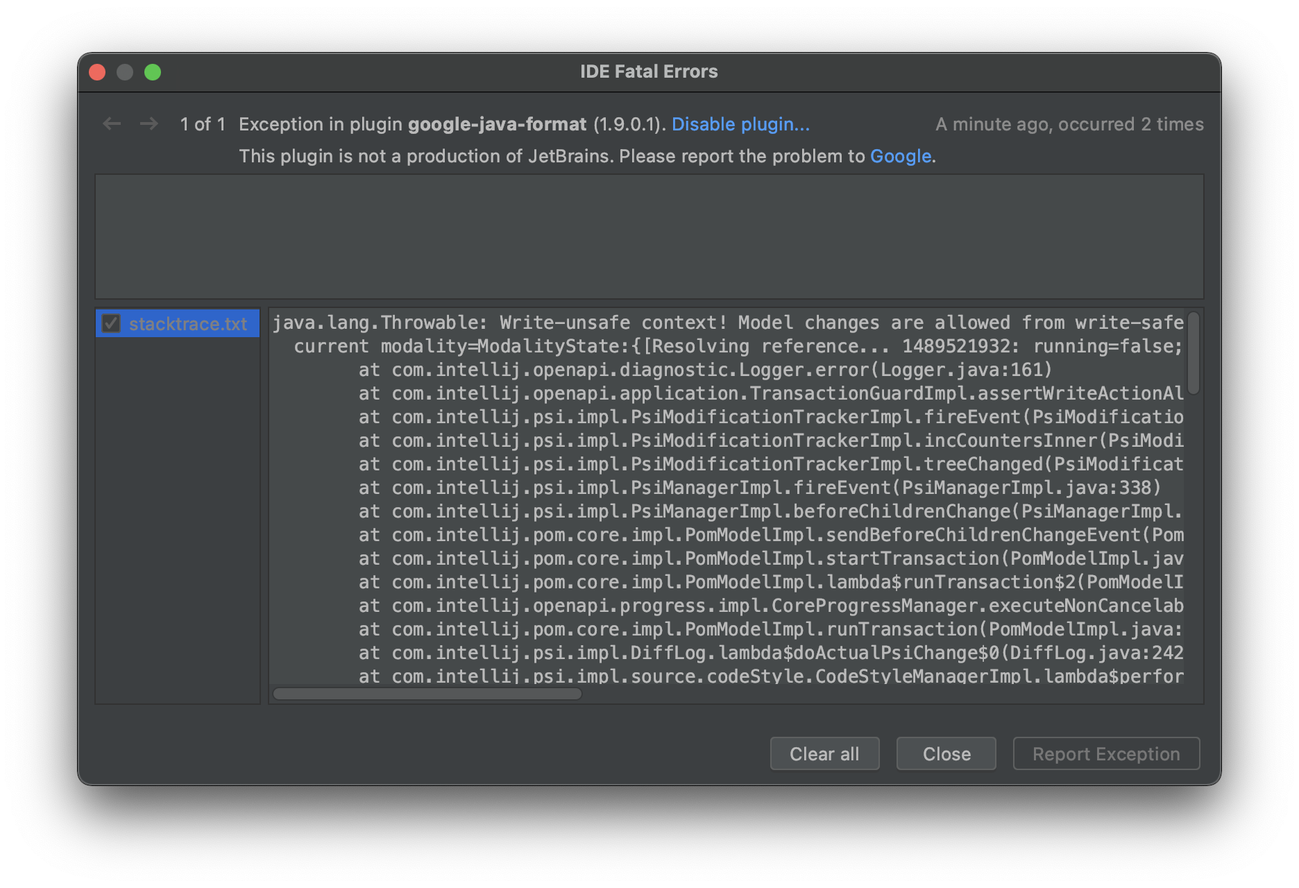 Exception from the plugin while I was typing · Issue #619 · google/google-java-format · GitHub