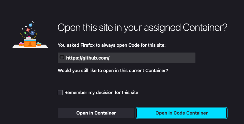 Regression: Assigned Container Tab should autofocus on "Open in ...