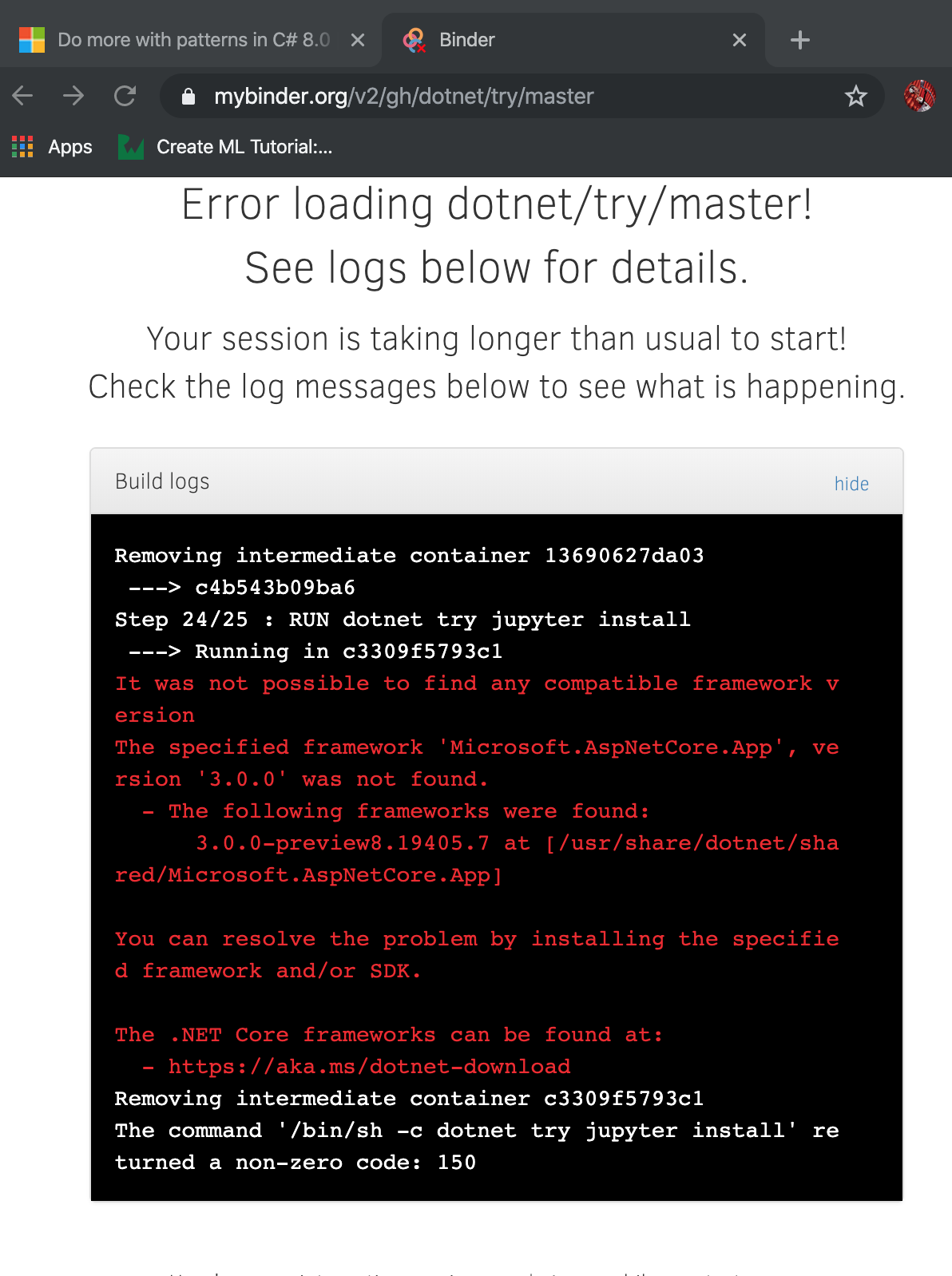 Failed Binder Launch · Issue 506 · Dotnettry · Github 