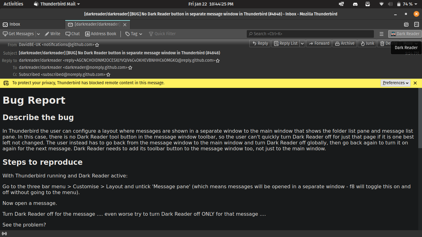 [BUG] No Dark Reader button in separate message window in Thunderbird · Issue #4848 · darkreader ...
