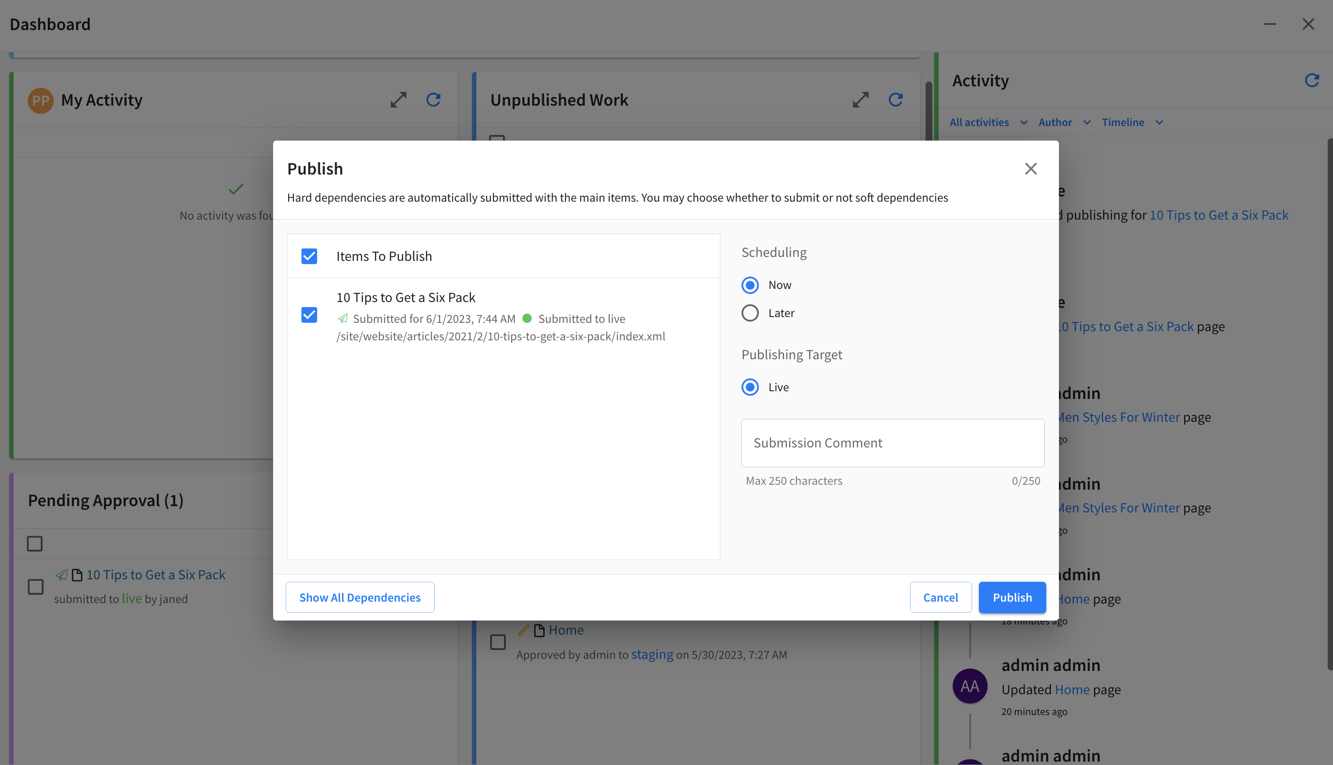 [studio-ui] Publish dialog accessed from context menu in a dashlet does not display the selected ...