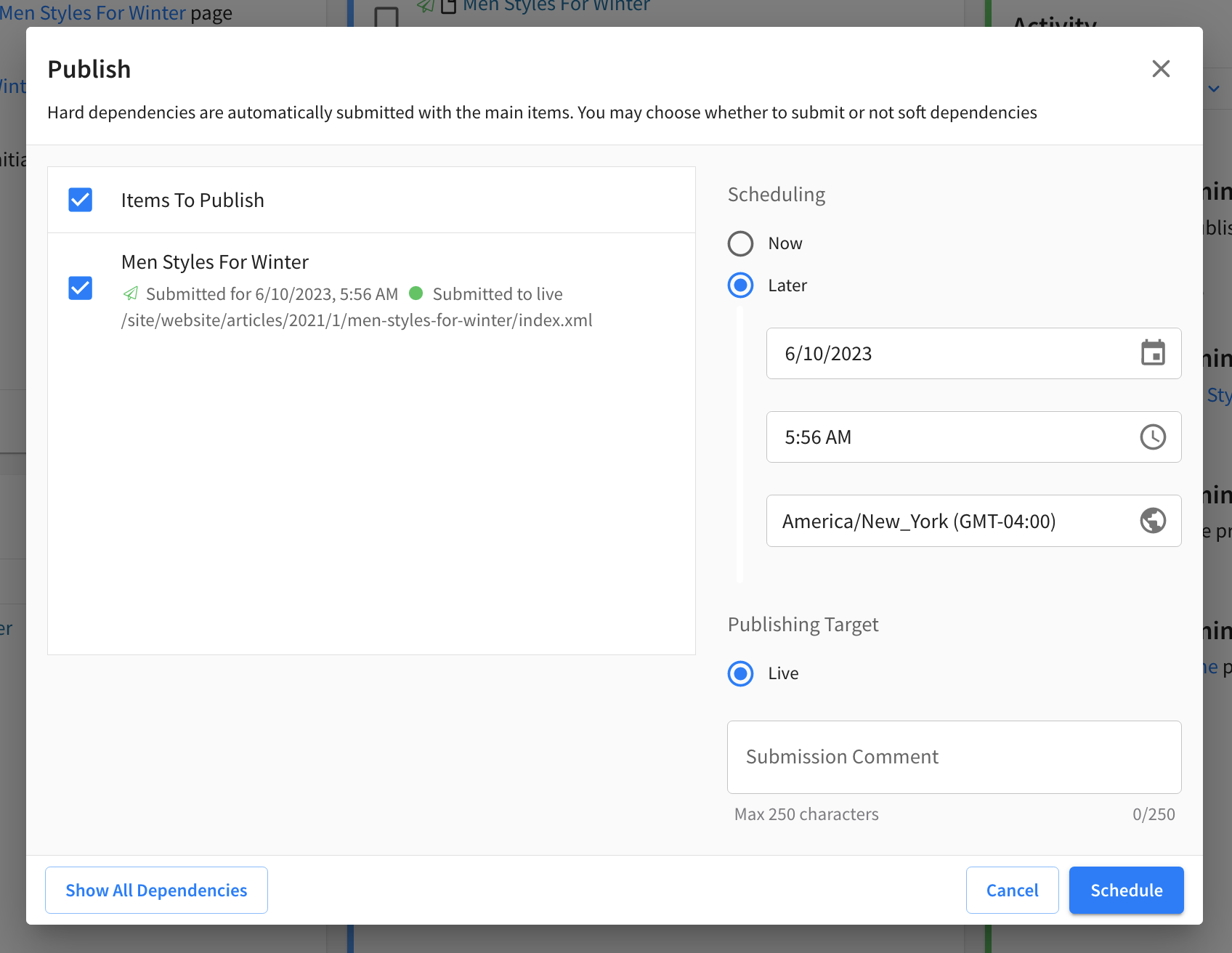 [studio-ui] Publish dialog accessed from context menu in a dashlet does not display the selected ...
