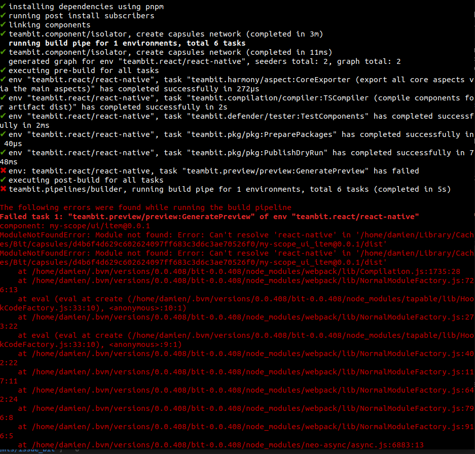 Failed task 1: "teambit.preview/preview:GeneratePreview" of env "teambit.react/react-native ...