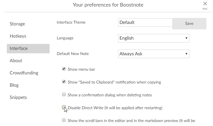 Cannot click "Disable Direct Write" button · Issue #3494 · BoostIO/BoostNote-Legacy · GitHub
