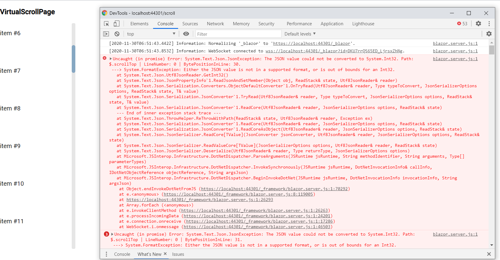 VirtuallScroll: during scrolling appear JsonException · Issue #797 · SamProf/MatBlazor · GitHub