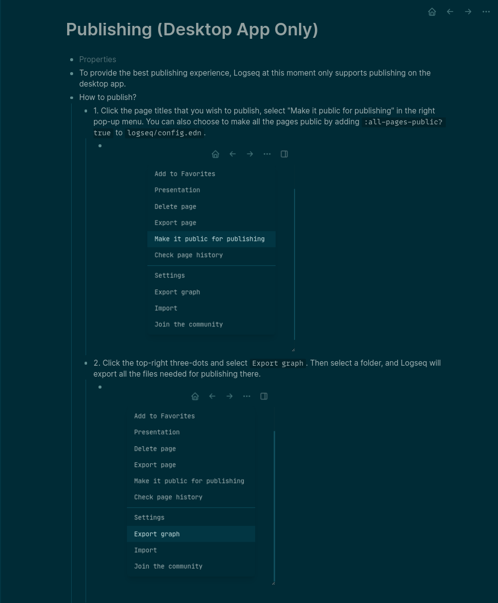 Documentation on Publishing mentions `Export public pages` command instead of `Export graph ...