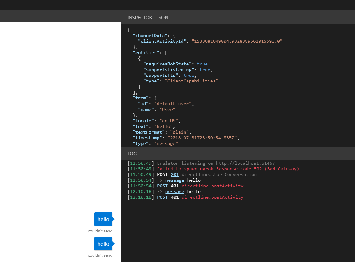 Bot couldn't send messages and I get a Failed to spawn ngrokResponse code 502 (Bad Gateway ...