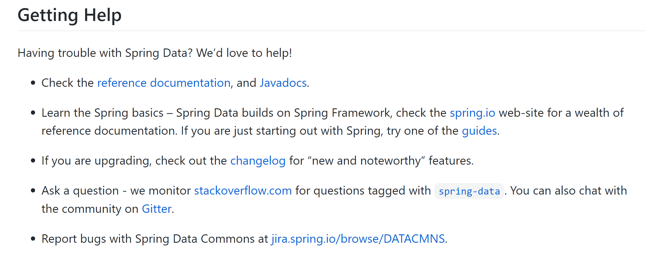 Show listed the Spring Data Commons project within the Spring Data page ...