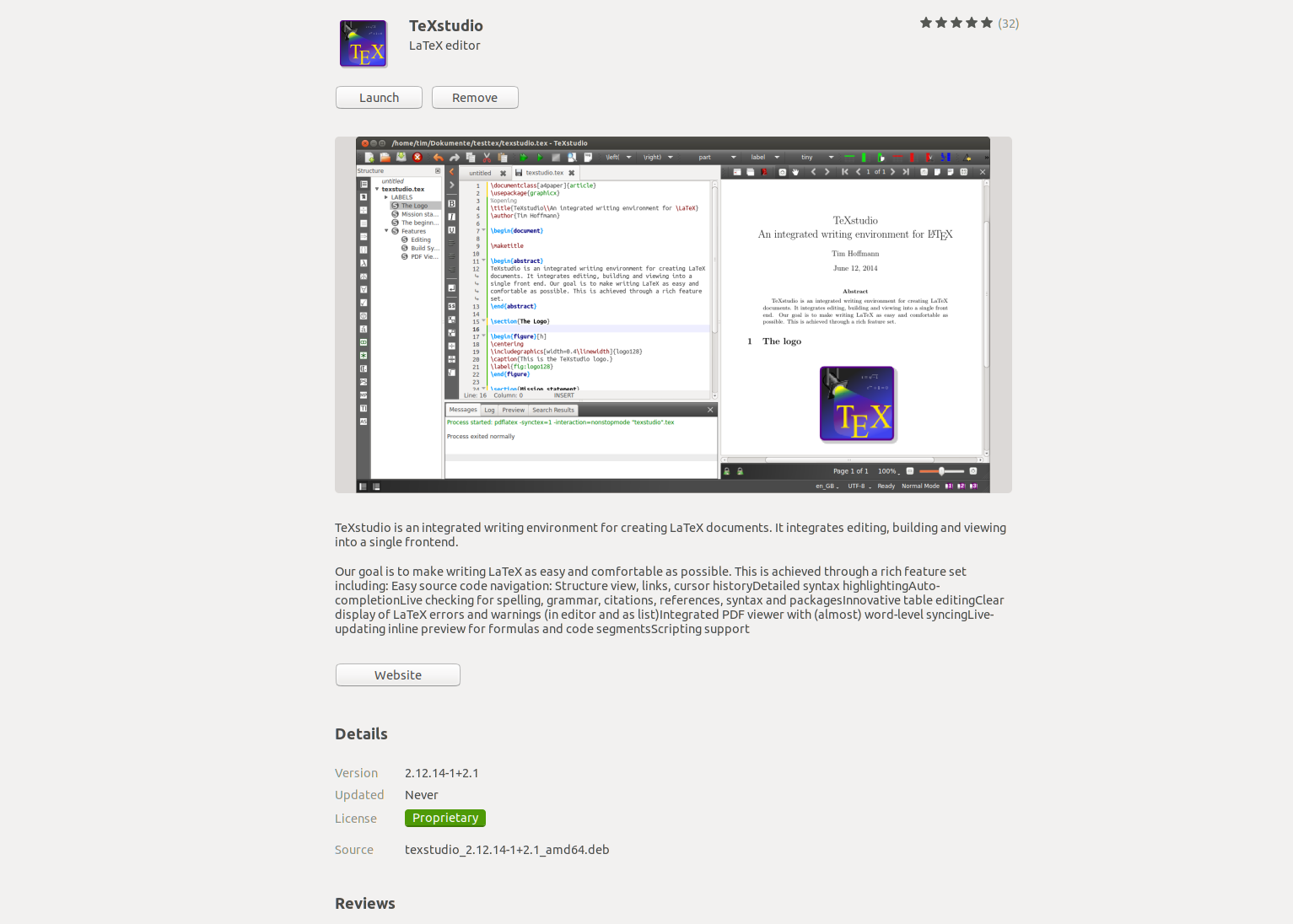 The license of Texstudio is listed as "proprietary" in Ubuntu Software ...