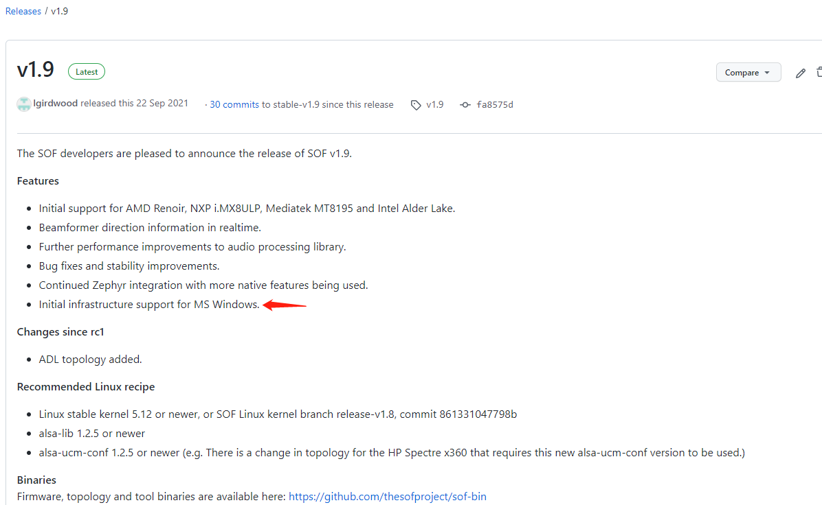 What does "Initial infrastructure support for MS Windows" mean to release features in v1.9 ...