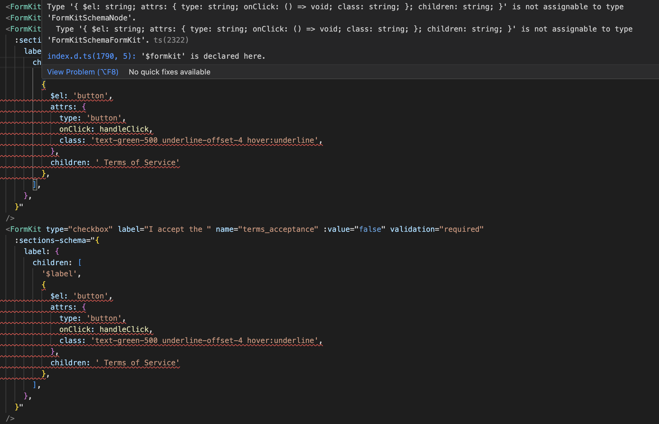 `$el: 'button'` with callable function under `attrs` having declaration issue despite fully ...