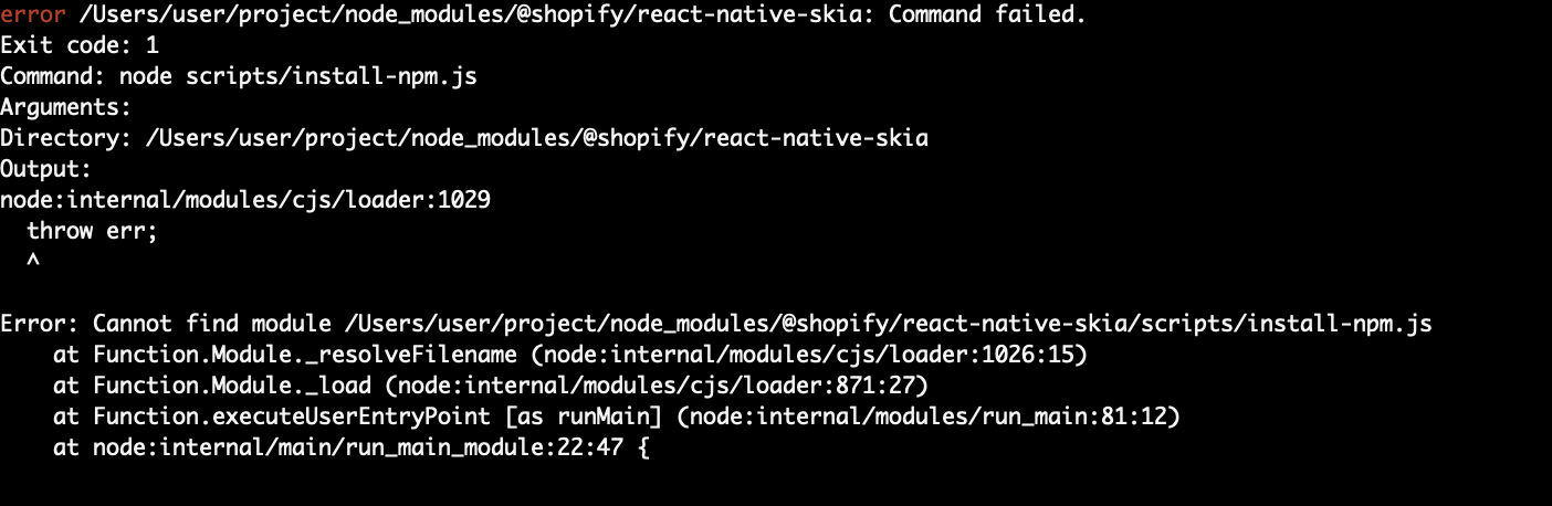 [0 1 199] Error On Package Installation · Issue 1768 · Shopify React Native Skia · Github