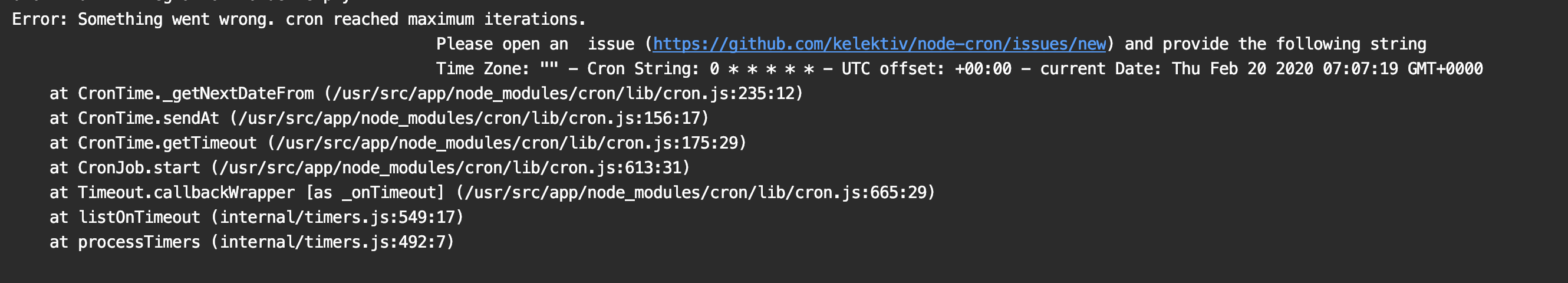 Error Something Went Wrong Cron Reached Maximum Iterations · Issue 470 · Kelektiv Node Cron