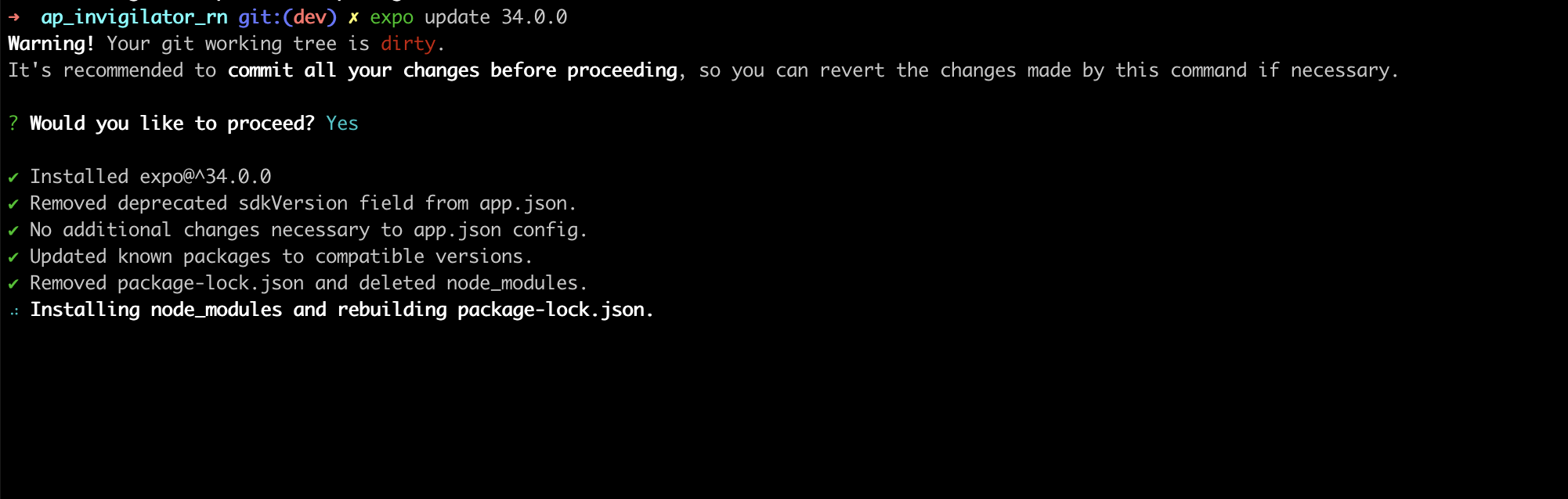 Expo-cli stuck on `Installing node_modules and rebuilding package-lock ...