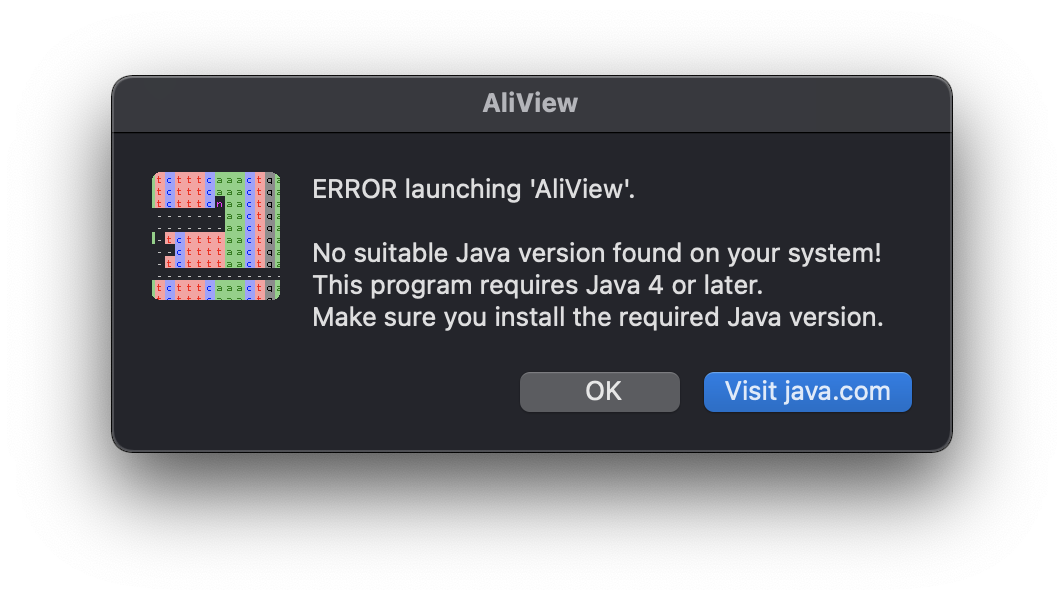 AliView ERROR launching on Mac OS BigSur · Issue #97 · AliView/AliView · GitHub