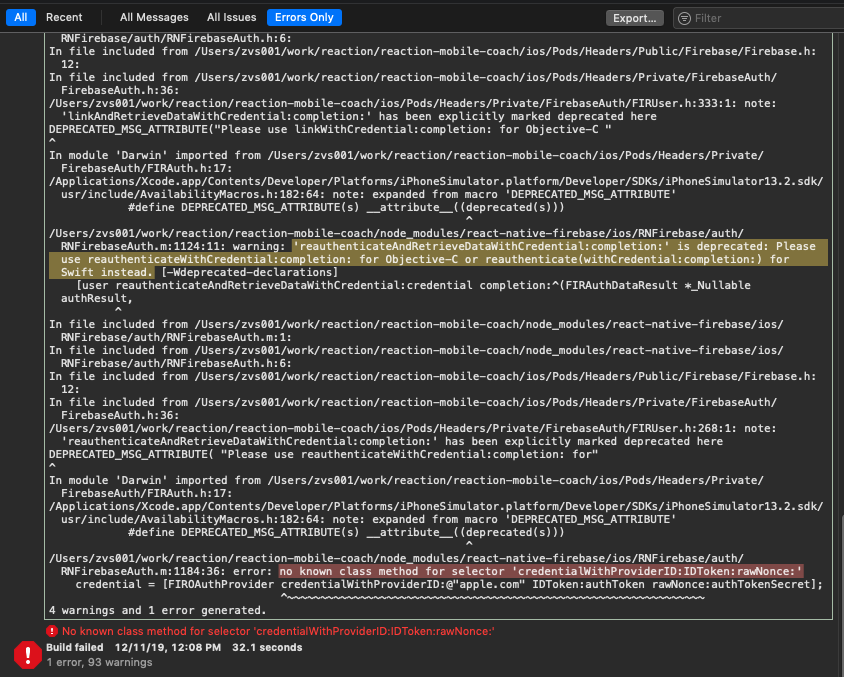 Build error: no known class method for selector 'credentialWithProviderID:IDToken:rawNonce ...