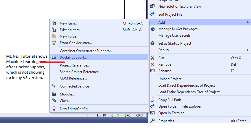 ML.NET_Tutorial_Solution Explorer and select Add > Machine Learning ...