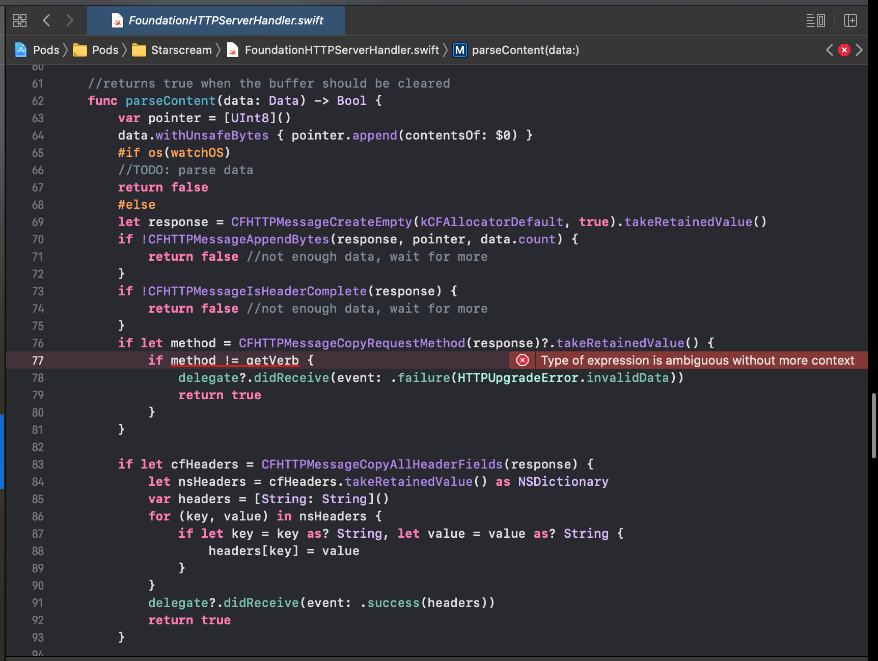 Error: type of expression is ambiguous without more context · Issue #835 · daltoniam/Starscream ...