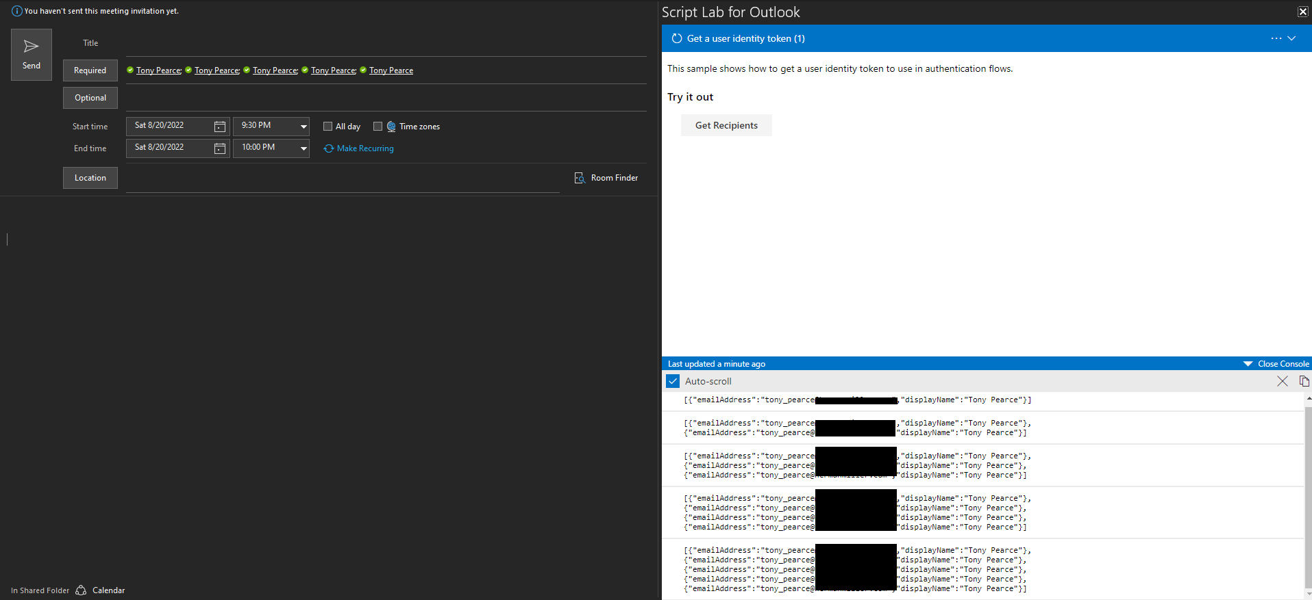 Outlook Appt Compose RequiredAttendees.getAsync returns the Outlook User in addition to current ...