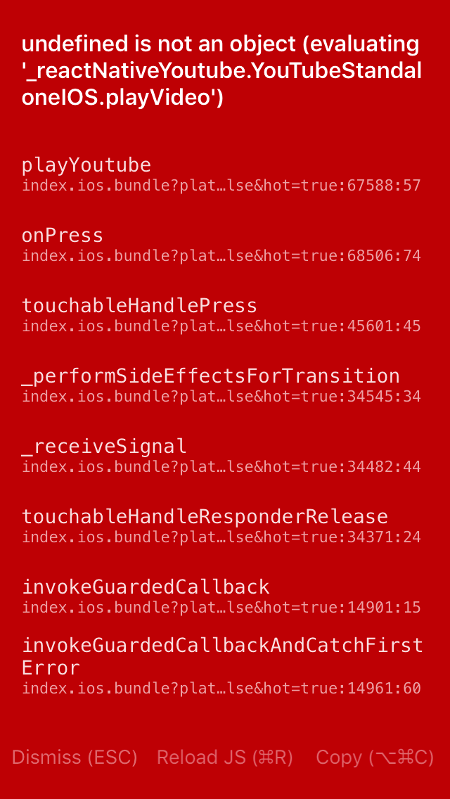 Ios React Native Youtube Undefined Is Not An Object Youtubestandaloneios Stack Overflow