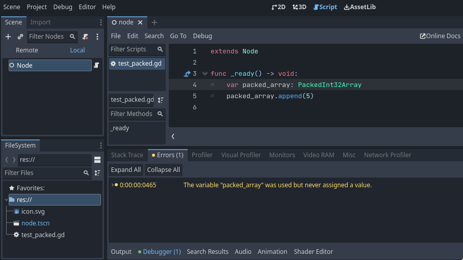 On assigning any value to a PackedArray, I still get the "this variable is used but has no value ...