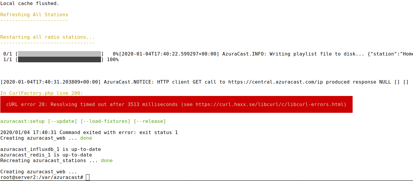 Web service missing (404 and 500 errors) · Issue #2263 · AzuraCast/AzuraCast · GitHub
