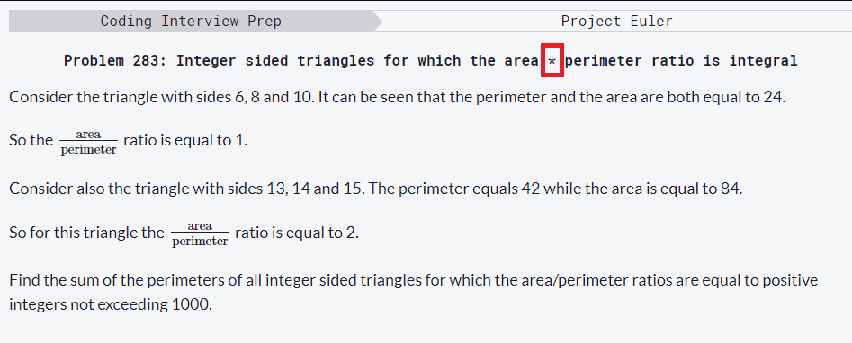 Mistake in the title of Project Euler Problem 283, "area * perimeter ...