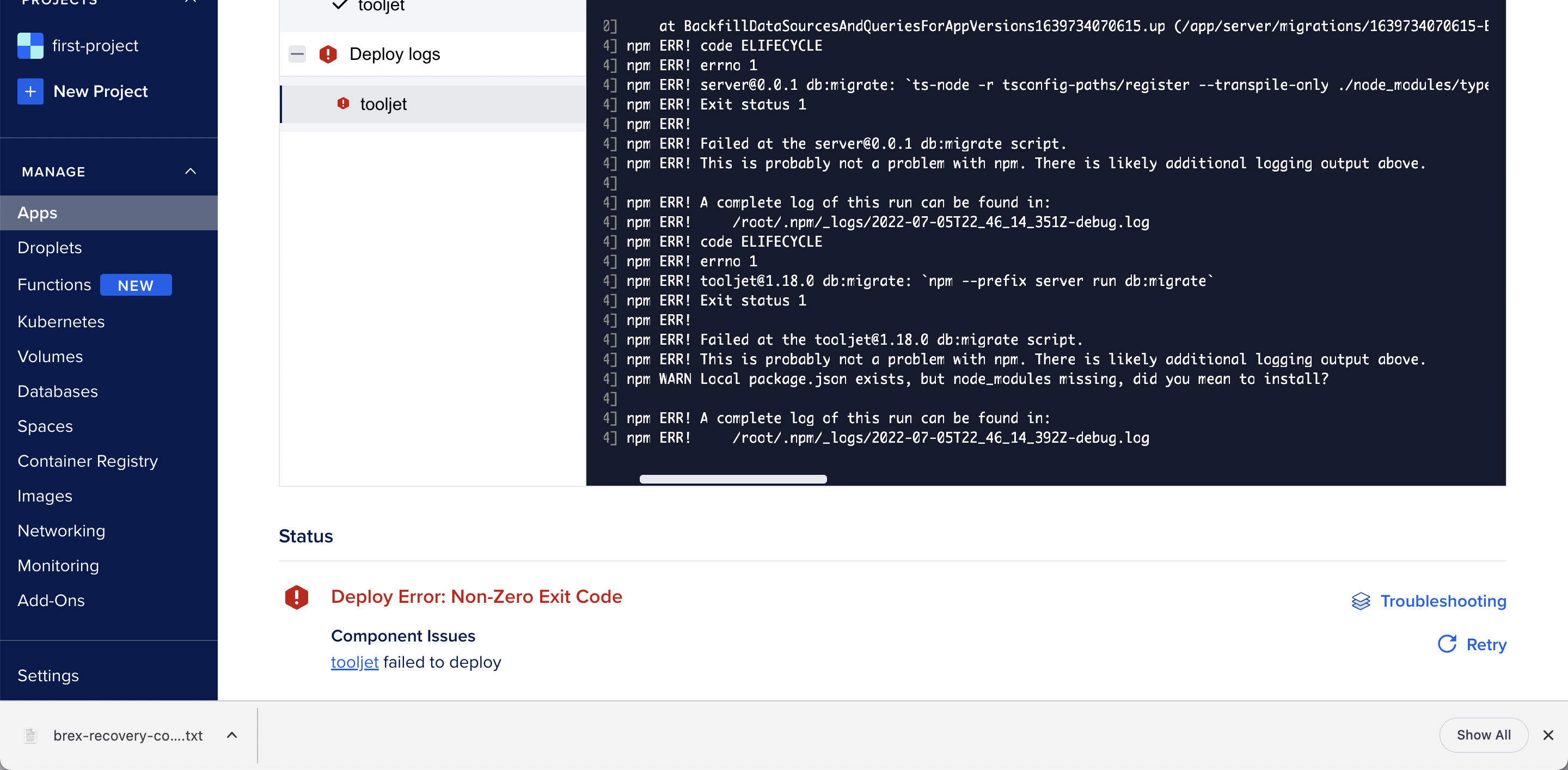 DigitalOcean default deployment errors out · Issue #3497 · ToolJet ...