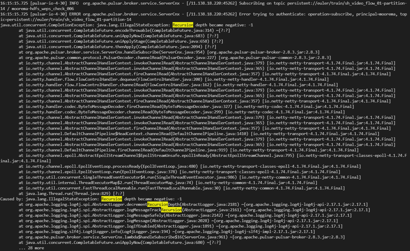 TimeOut error while consumer subscribing on topic and "Recursion depth became negative: -1 ...