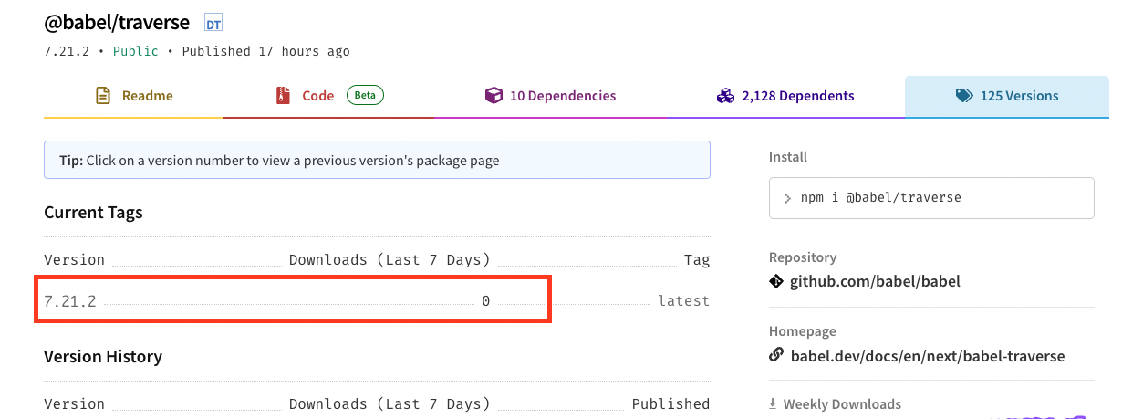 [Bug]: No matching version found for @babel/traverse@^7.21.2. · Issue #15460 · babel/babel · GitHub