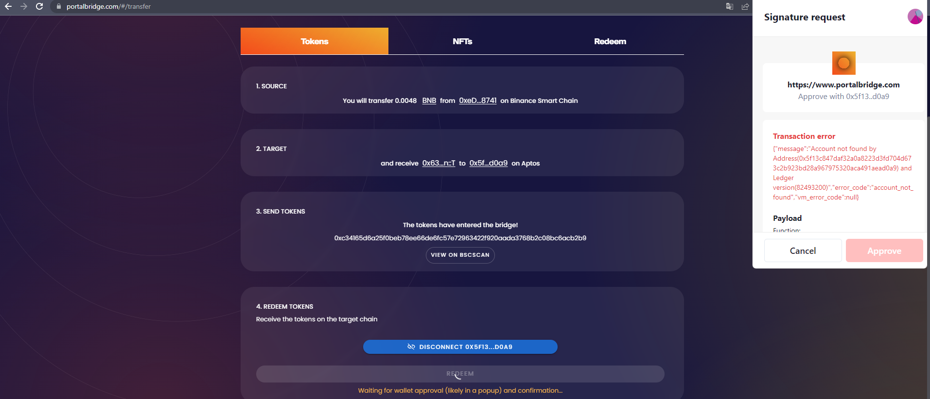 [bug] - Error sending tokens from BNB to Aptos · Issue #42 · XLabs/portal-bridge-ui · GitHub