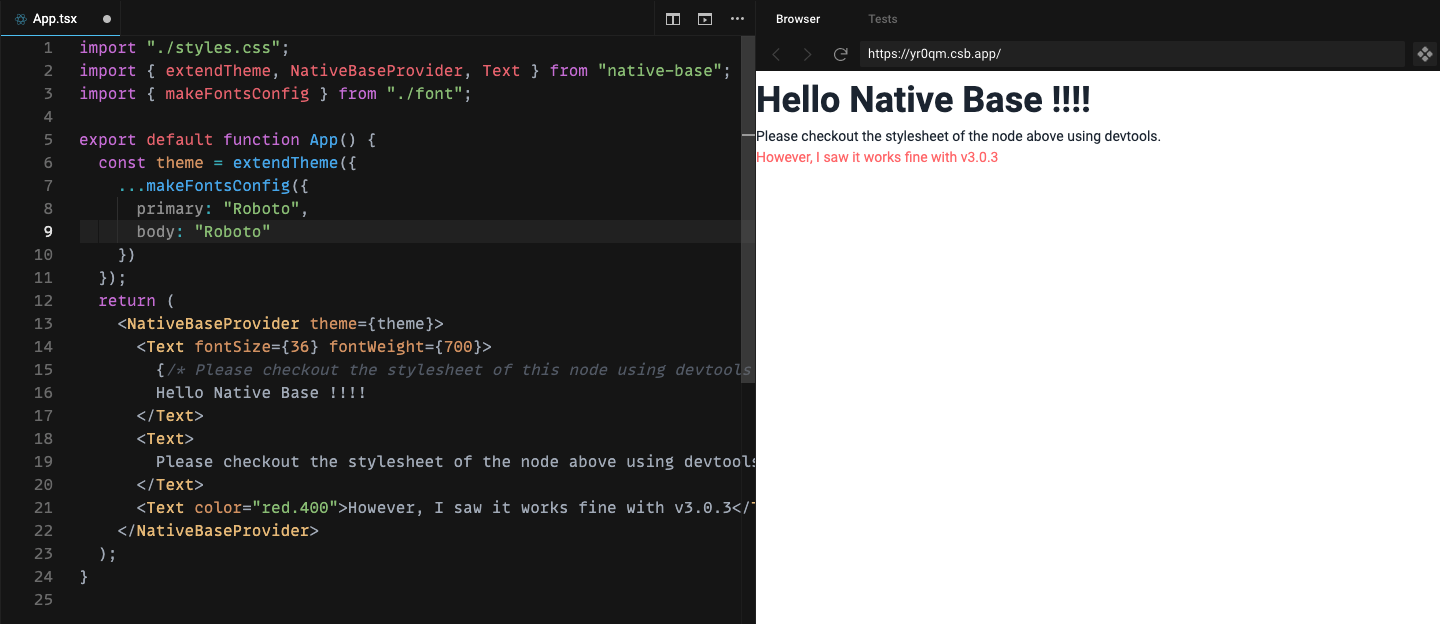 FontWeight applied to Text component not working when extend theme with ...