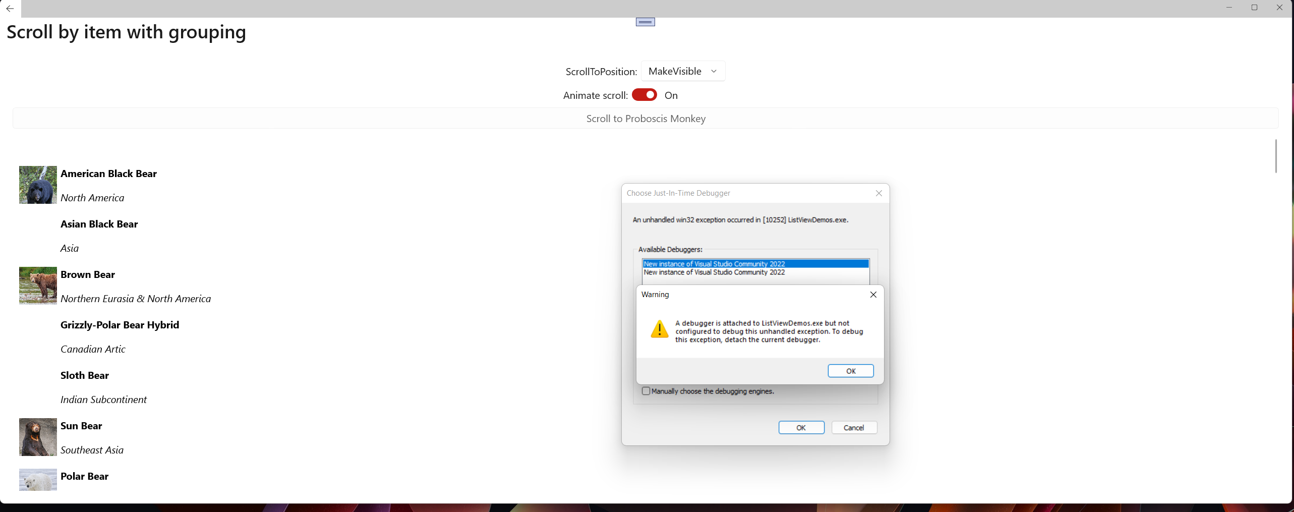 Running the ListViewDemo on win 11 gets Win32 unhandled exception, fatal error · Issue #7344 ...