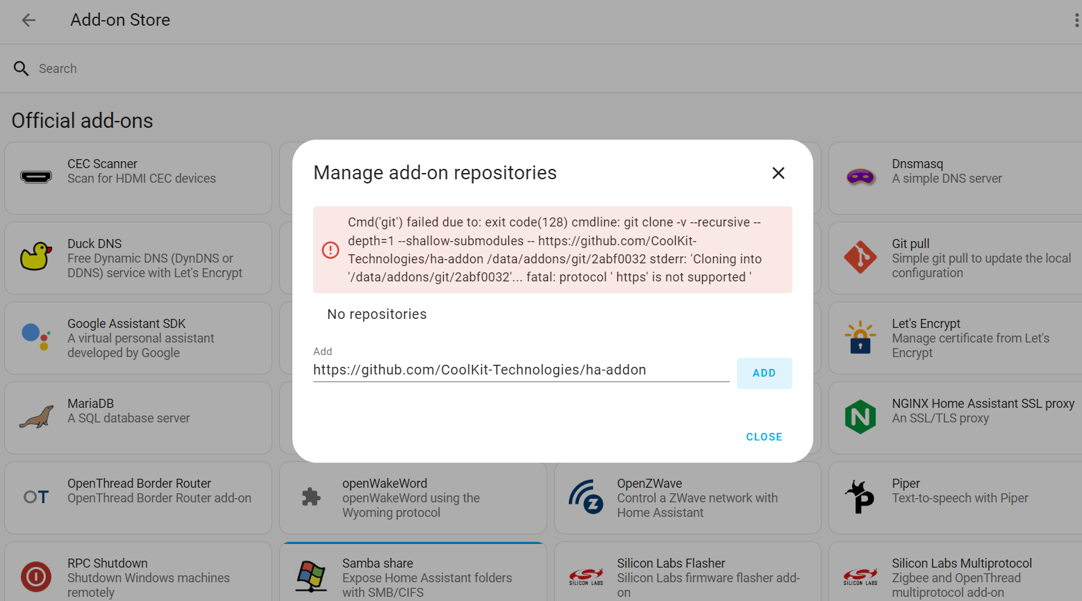 Unable to install add on on HA · Issue #135 · CoolKit-Technologies/ha-addon · GitHub