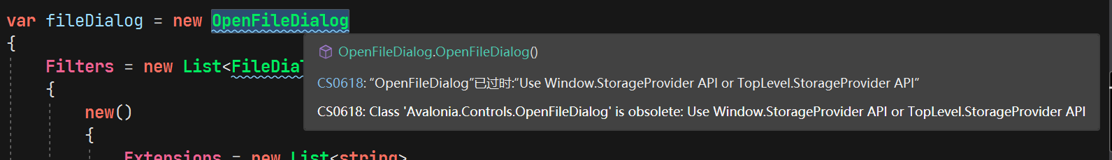 OpenFileDialog Obsolete shows CS0618 wrning · Issue #9787 · AvaloniaUI/Avalonia · GitHub