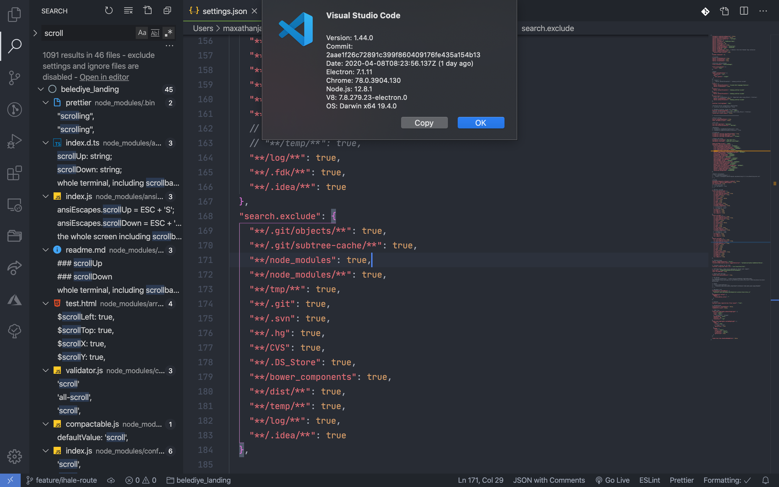 VSCode for Mac v1.44.0 not respecting `search.exclude` in settings.json ...