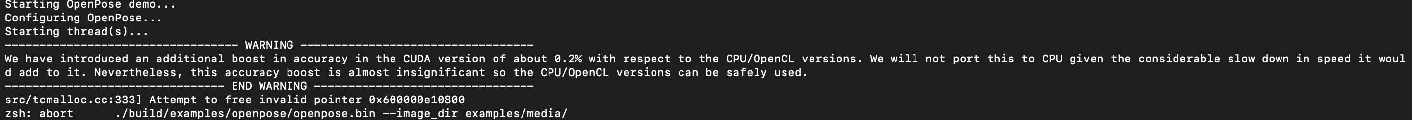 src/tcmalloc.cc:333] Attempt to free invalid pointer 0x600000e10800 zsh: abort ./build/examples ...
