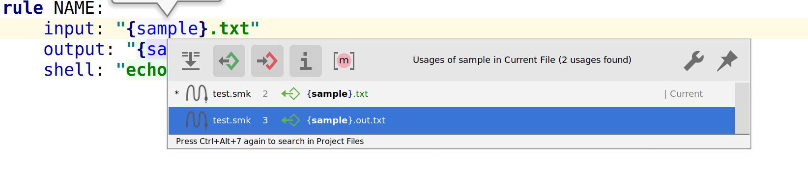 Find usages for rule sections and wildcards · Issue #233 · JetBrains-Research/snakecharm · GitHub