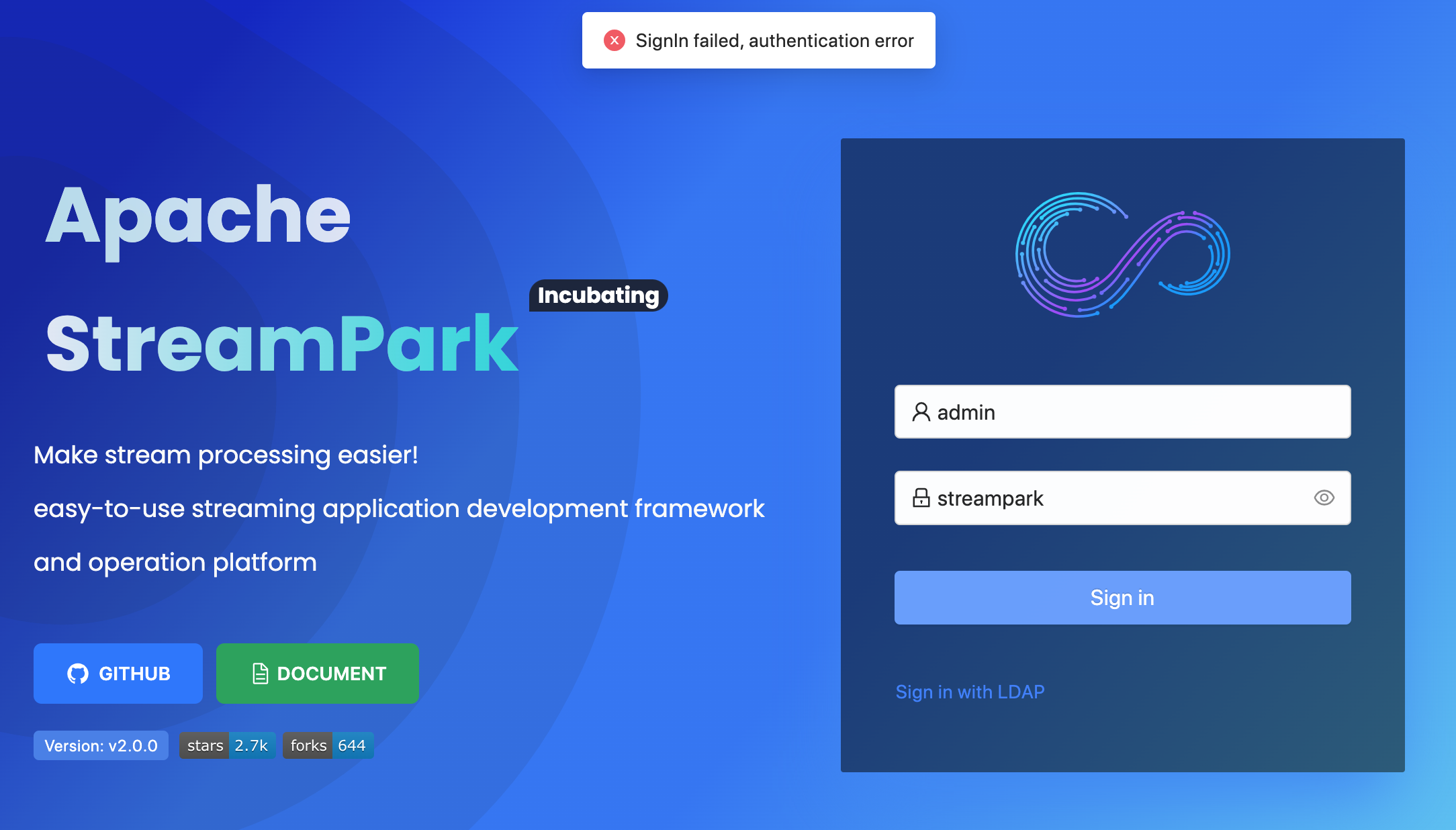 [Bug] cannot login web console · Issue #2122 · apache/streampark · GitHub