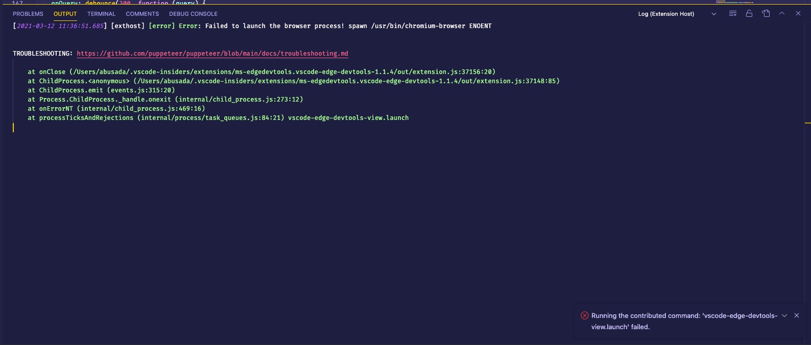 Visual Studio Code - Insiders: Running the contributed command: 'vscode-edge-devtools-view ...