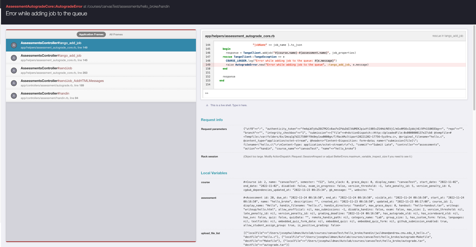 Tango Error should not cause a 500 Error on Autolab · Issue #1664 · autolab/Autolab · GitHub