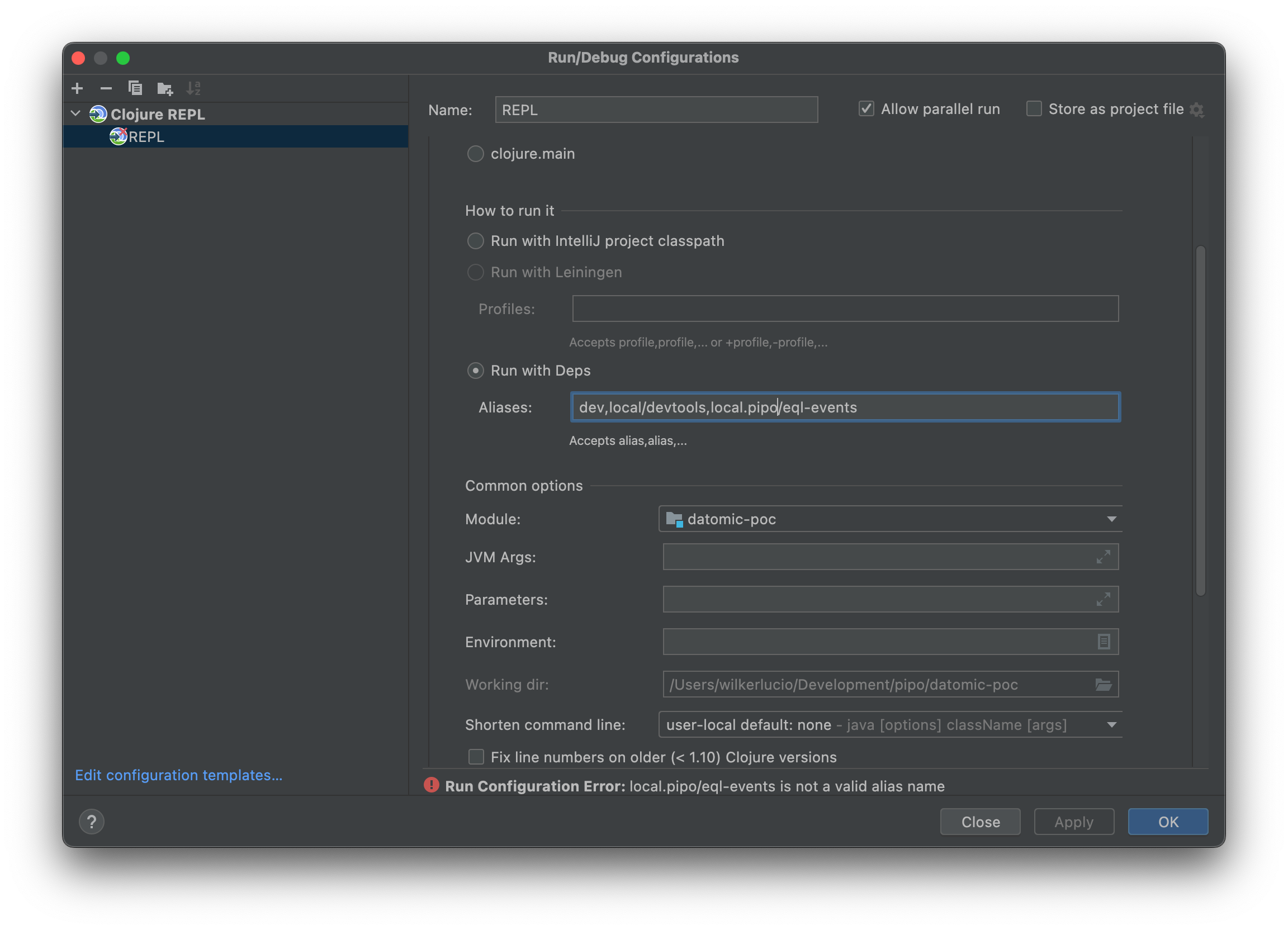 deps alias with segments in namespace provokes failure · Issue #2536 · cursive-ide/cursive · GitHub