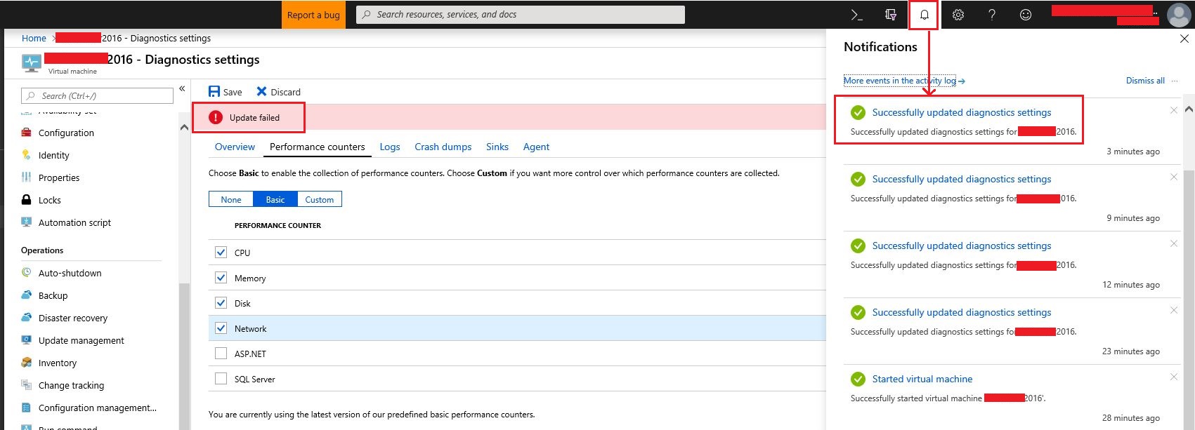 Always "update failed" when update a value in Diagnostics settings blade. · Issue #21307 ...